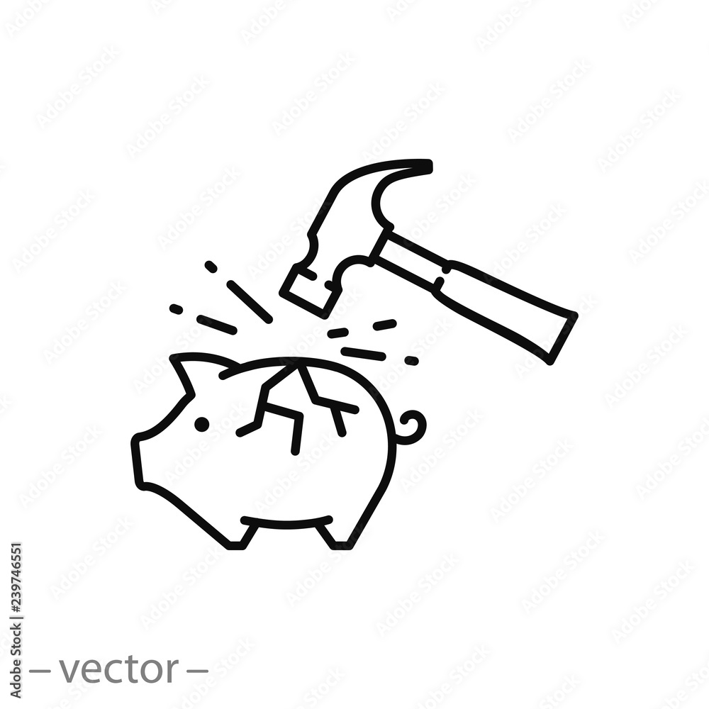 Breaking the piggy bank icon, economy concept line sign isolated on ...