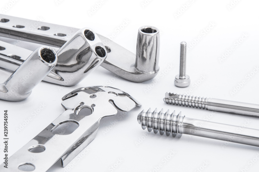 Surgical system of dynamic fixation for hip bone on white background ...