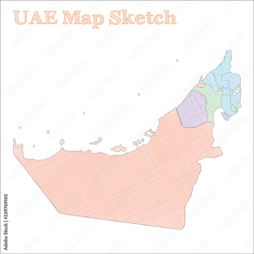 UAE map. Hand-drawn country. Alive sketchy UAE map with regions. Vector ...