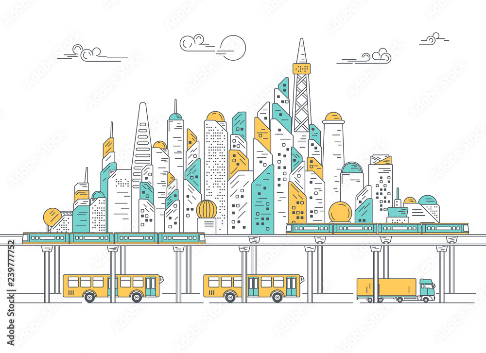 vector of city with building and skytrain, concept of metropolis ...