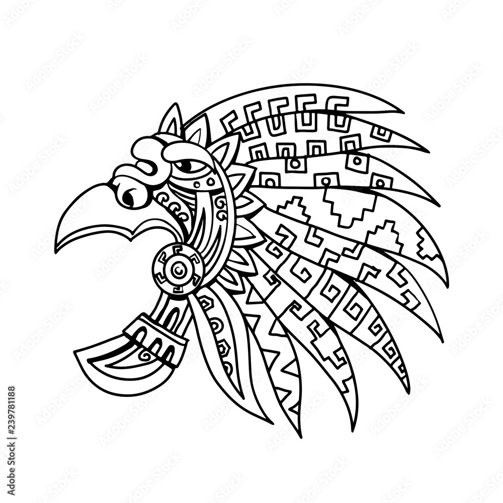 Drawing sketch style illustration of an Aztec feathered headdress, a ...