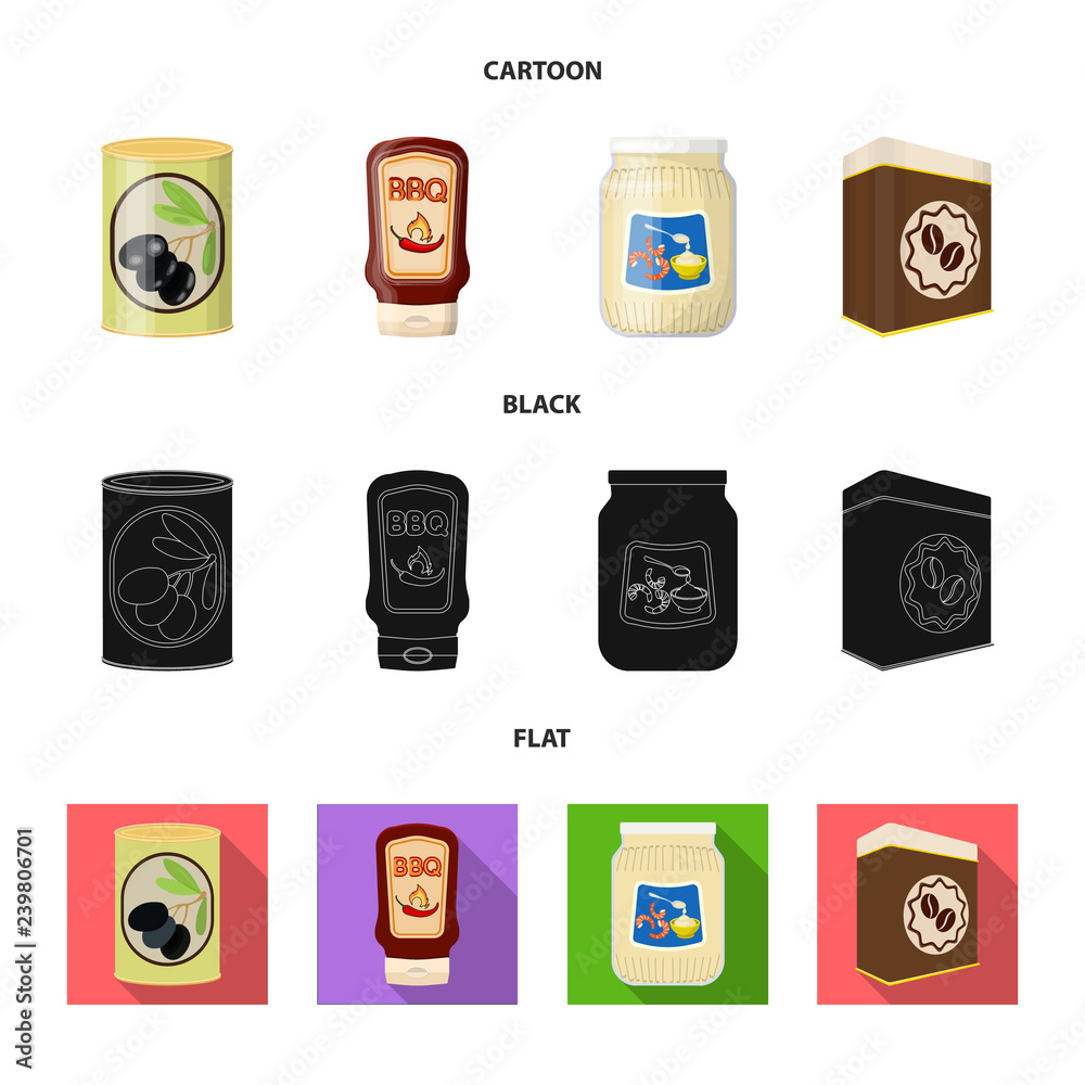 Vector illustration of can and food sign. Set of can and package stock ...