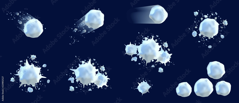 Snowball splats in vector, realistic 3d. Winter fun, playing with snow ...