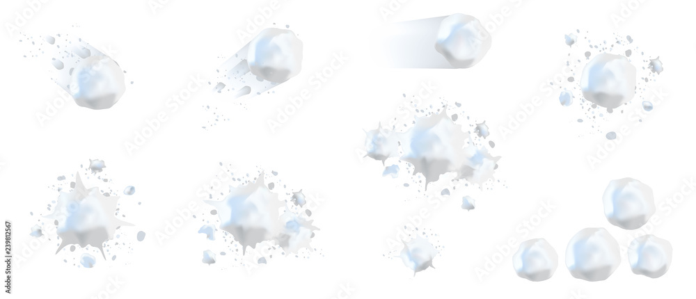 Snowball splats realistic 3d. Winter fun, playing with snow, children's ...