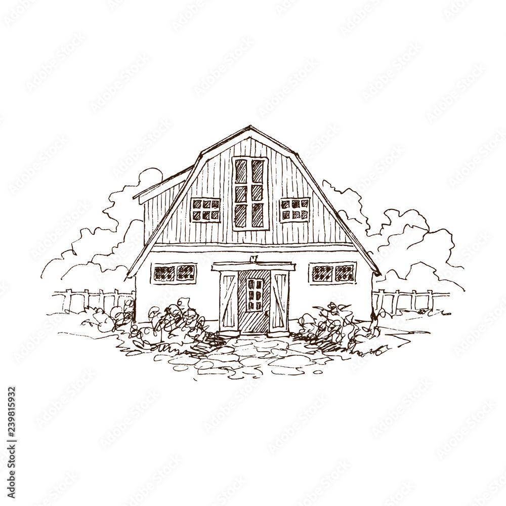Rural landscape with old farmhouse and garden. Hand drawn illustration ...