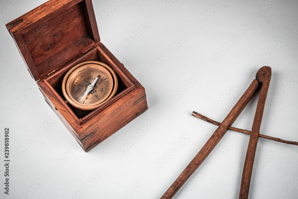 Old historical rare nautical compass and pivot tool for measuring long ...