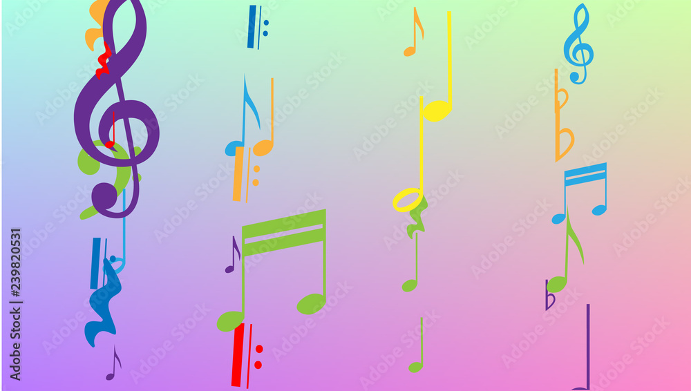 Disco Background. Many Random Falling Notes, Bass and, Treble Clef ...