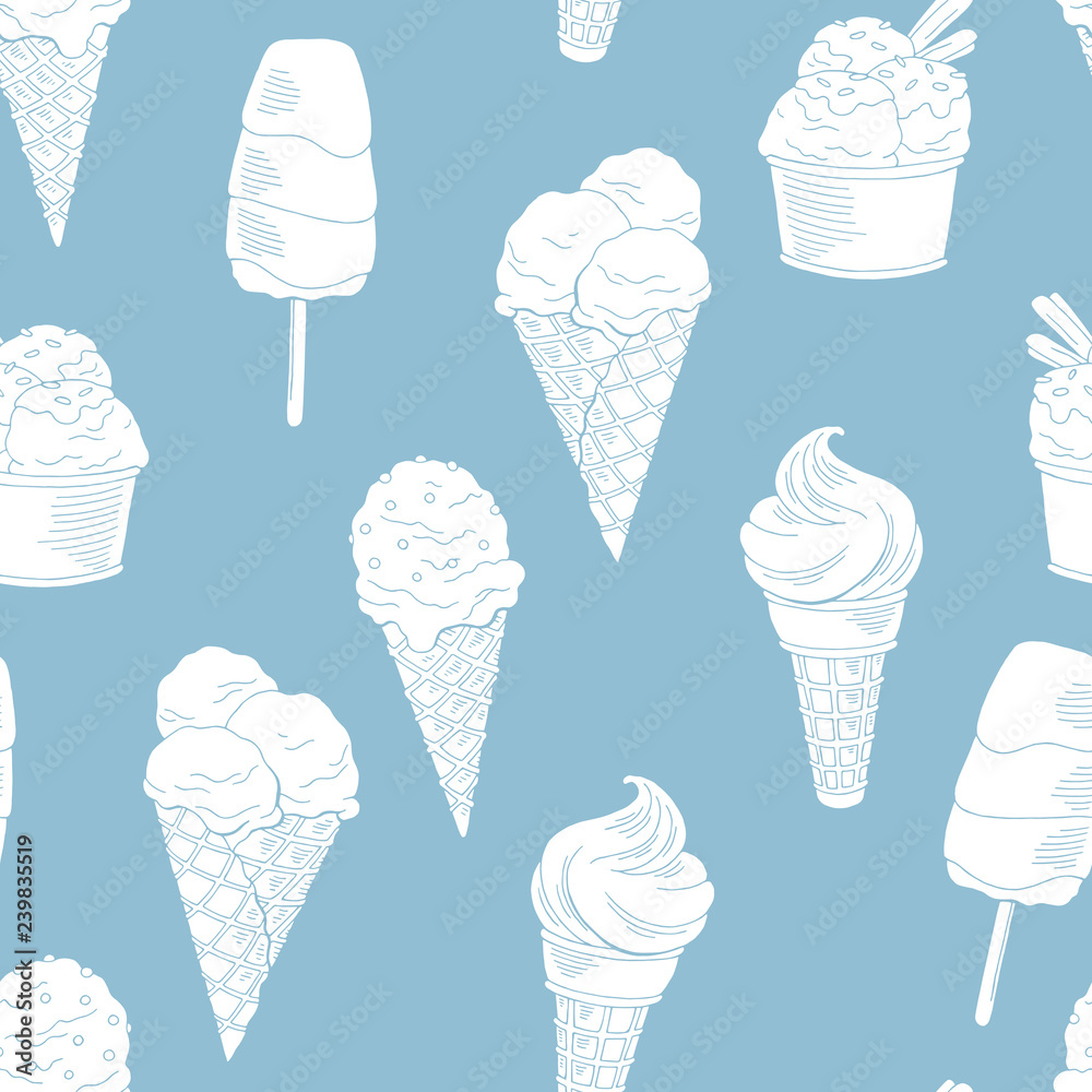 Ice cream graphic blue color sweet food seamless pattern background ...