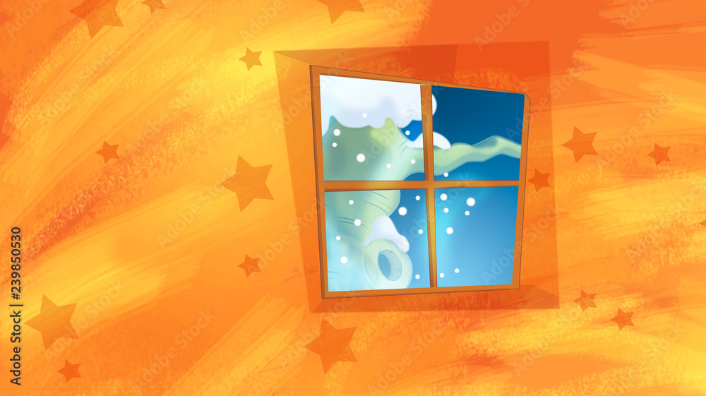 cartoon scene with stars on abstract orange background and window with ...