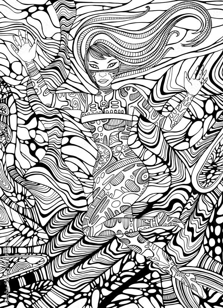 Psychedelic cyberpunk girl adult coloring page. Line art doodle style ...
