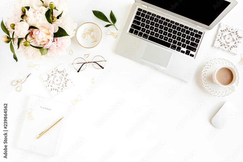 Flat lay women's office desk. Female workspace with laptop, pink ...