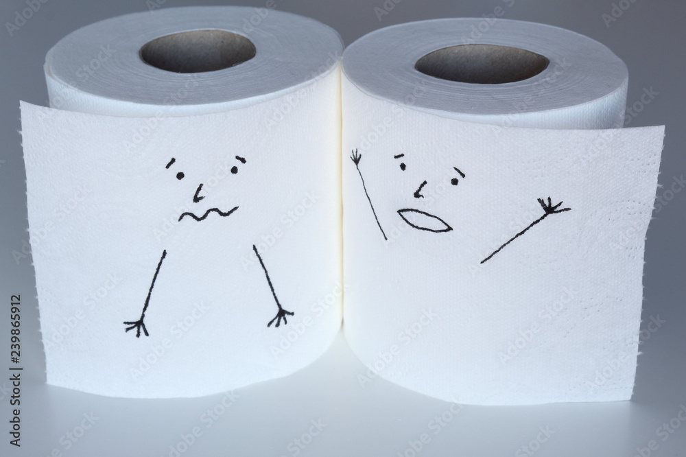 Two white toilet paper rolls sketched with a scared and a shouting ...