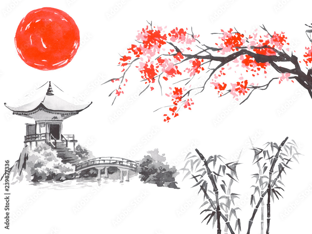 Japan traditional sumi-e painting. Fuji mountain, sakura, sunset. Japan ...