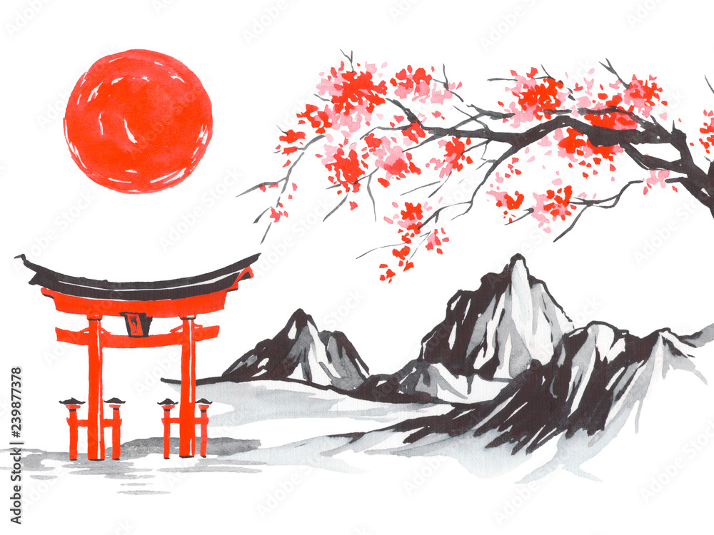 Japan traditional sumi-e painting. Fuji mountain, sakura, sunset. Japan ...