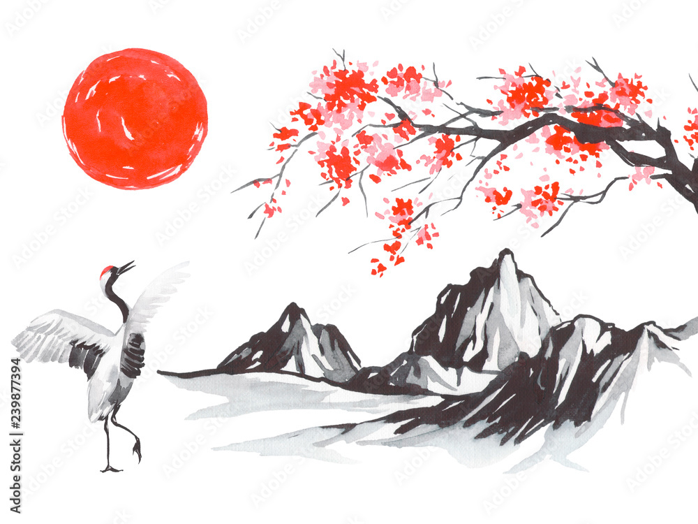 Japan traditional sumi-e painting. Fuji mountain, sakura, sunset. Japan ...