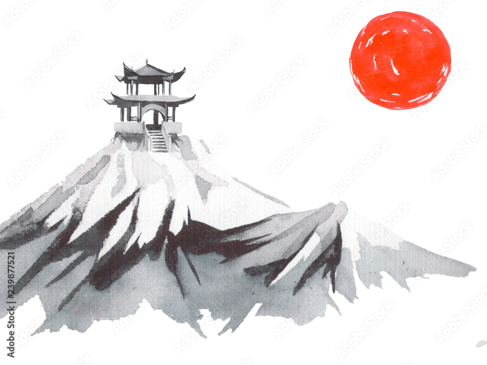 Japan traditional sumi-e painting. Fuji mountain, sakura, sunset. Japan ...