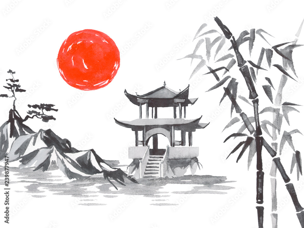 Japan traditional sumi-e painting. Fuji mountain, sakura, sunset. Japan ...