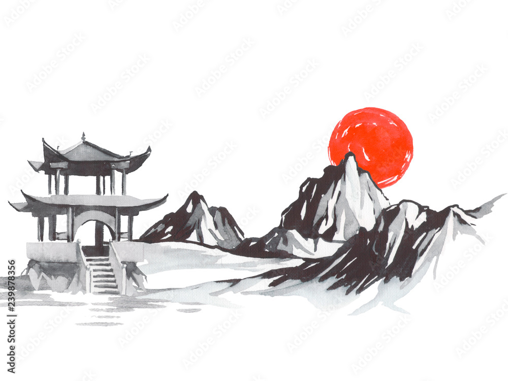 Japan traditional sumi-e painting. Fuji mountain, sakura, sunset. Japan ...