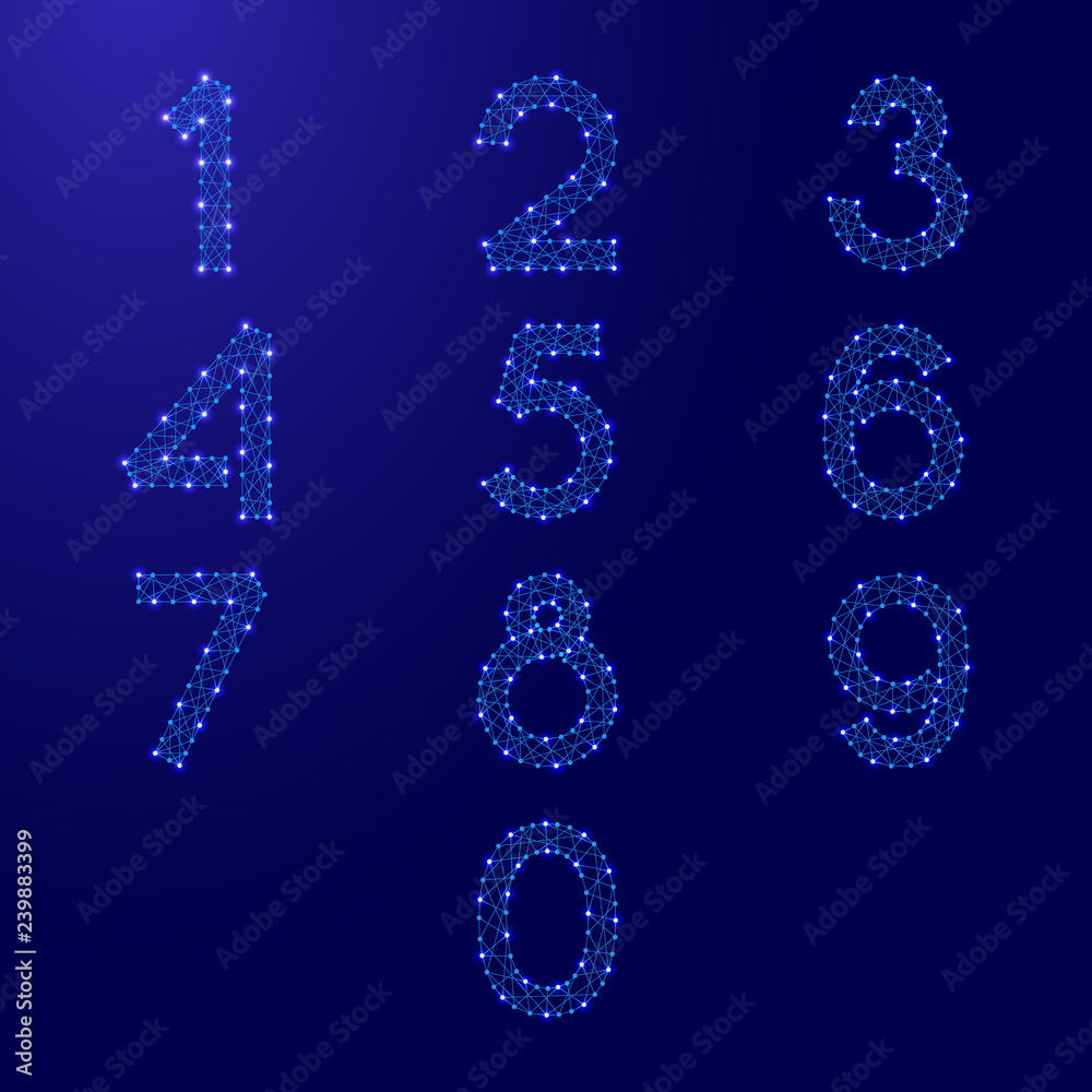 The numbers font set from 0 to 9 from futuristic polygonal blue lines ...