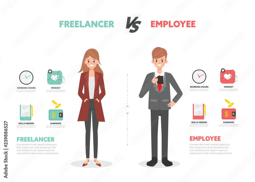 Freelancer vs Employee businessman character infographic to compare ...