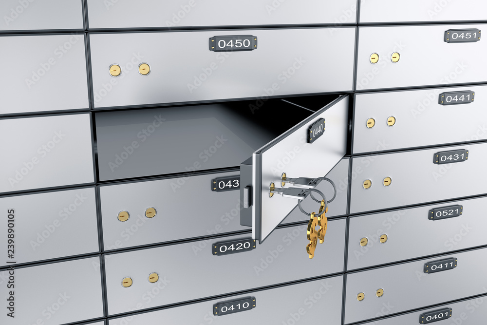 Safe deposit boxes with open one safe cell. 3D rendering. Safe lockers ...