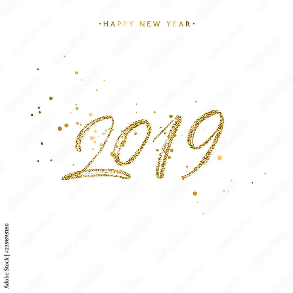 Gold 2019 lettering with golden splatters isolated on white background ...