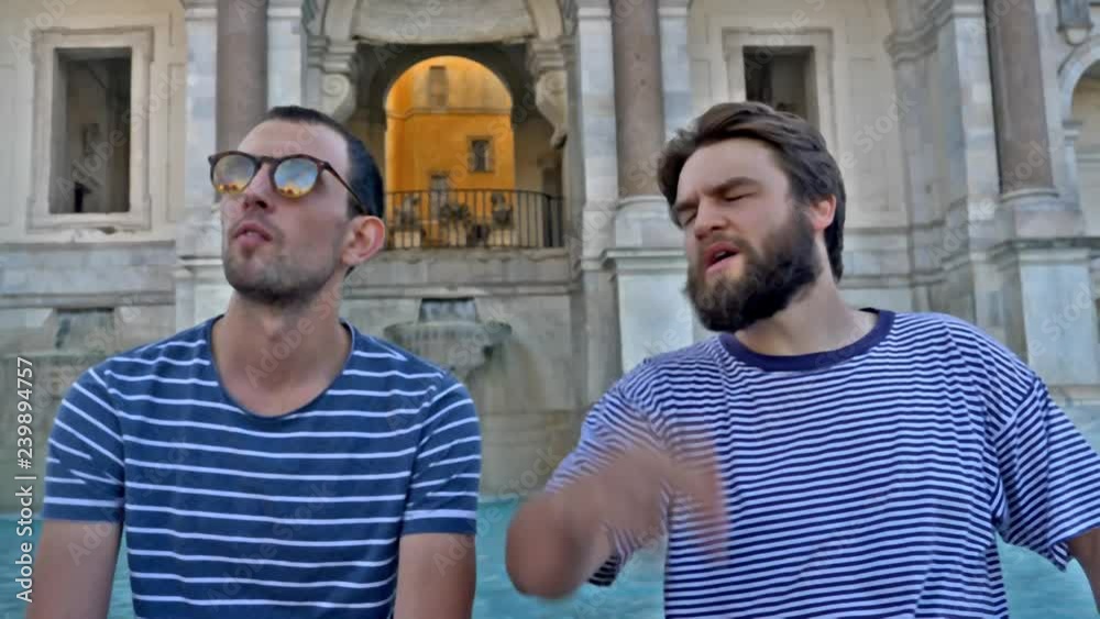 Two men on a holiday in Rome, visiting fontana dell'Acqua Paola, Via ...