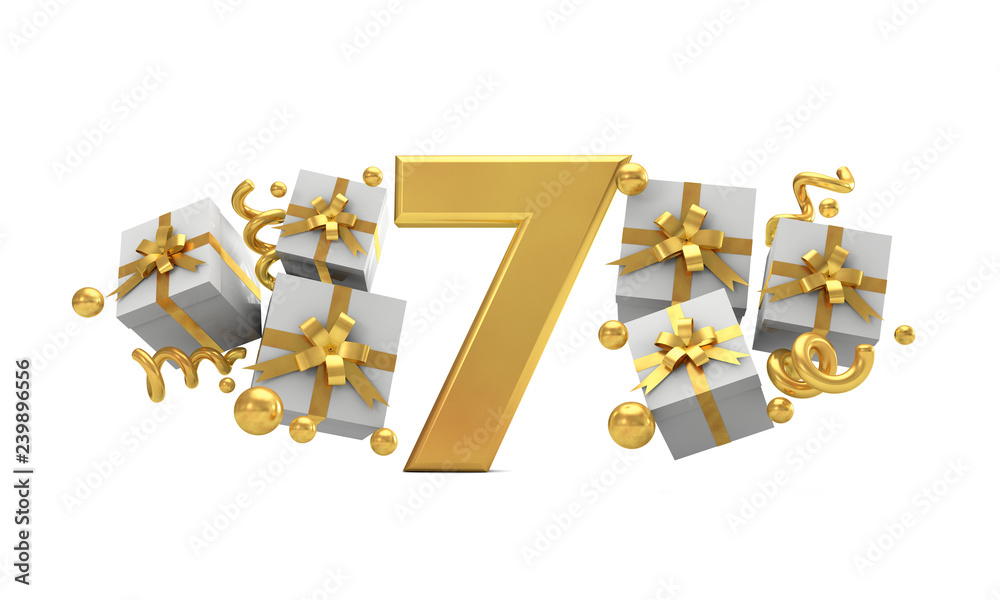 Number 7 gold birthday celebration number with gift boxes. 3D Rendering ...