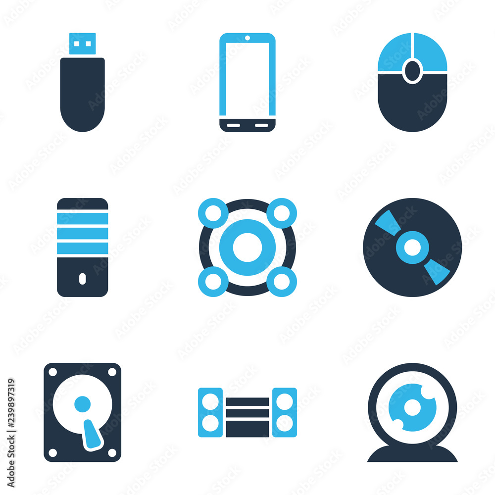Device icons colored set with hdd, flash drive, web camera and other ...