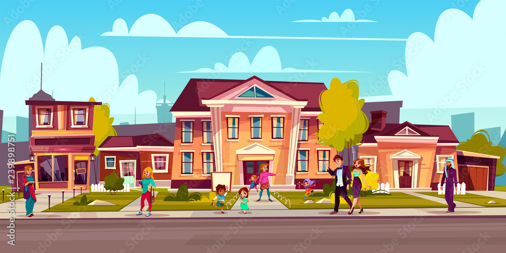 Vector cartoon illustration with street sidewalk and people on it ...
