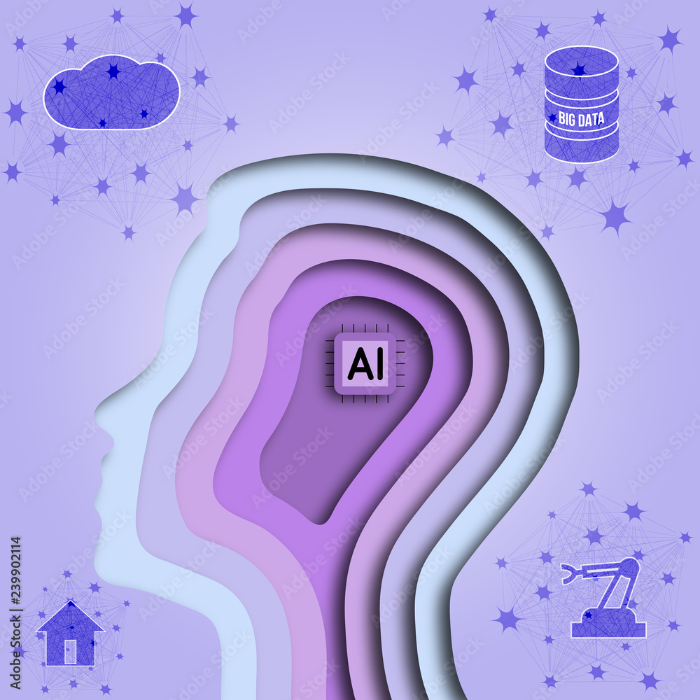 human head portrait silhouette with AI chip inside insted of brain ...