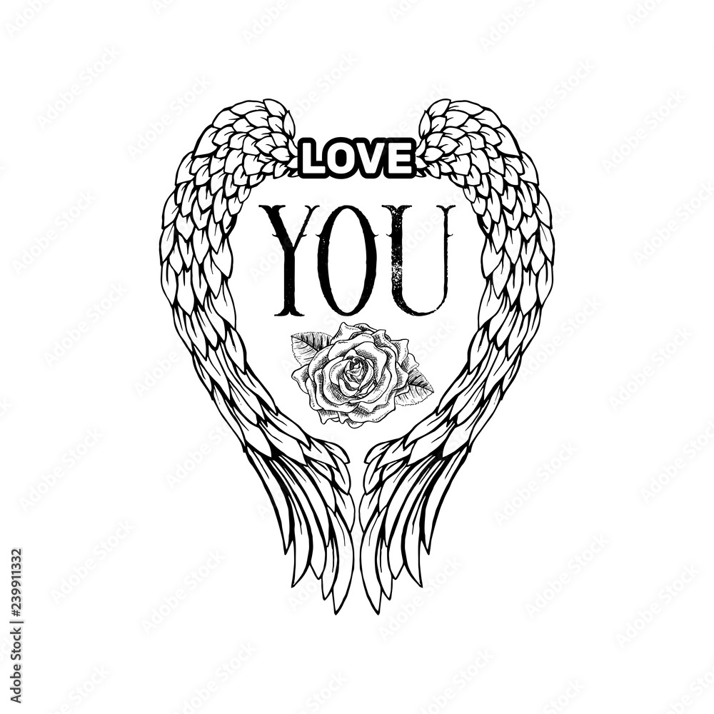 A Drawing Of A Heart With A Rose And Wings