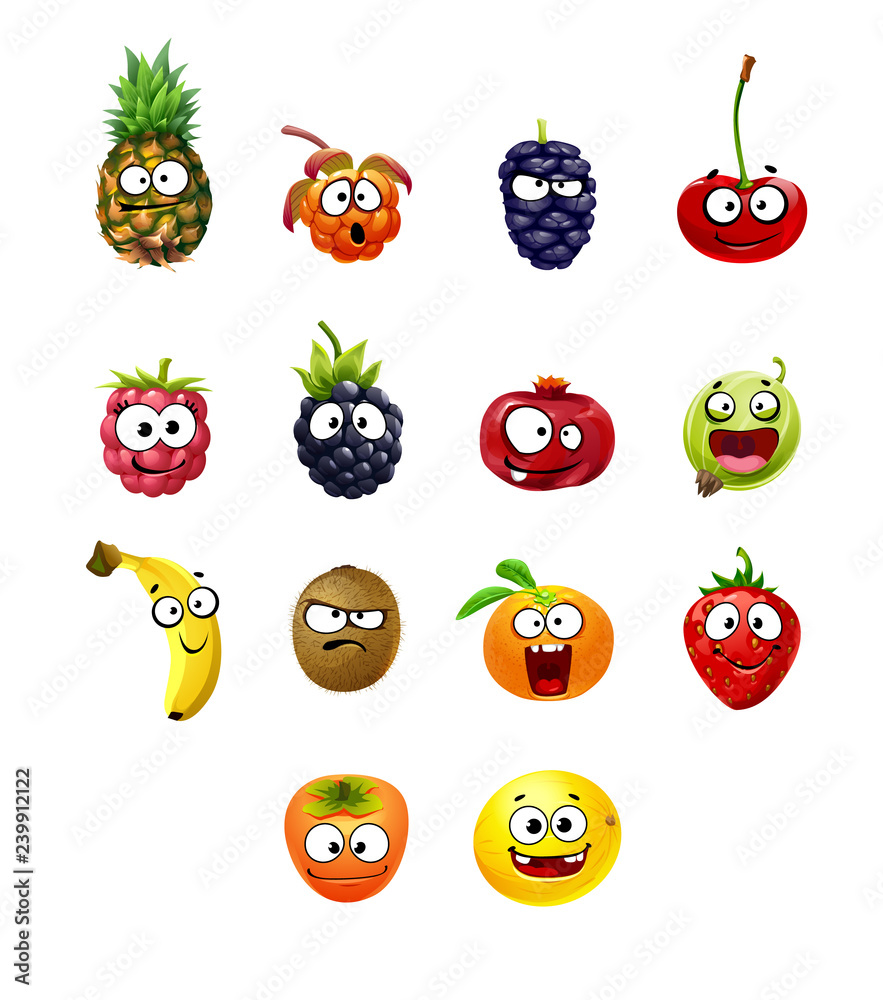 Funny fruit characters Collection isolated on white background. Cartoon ...