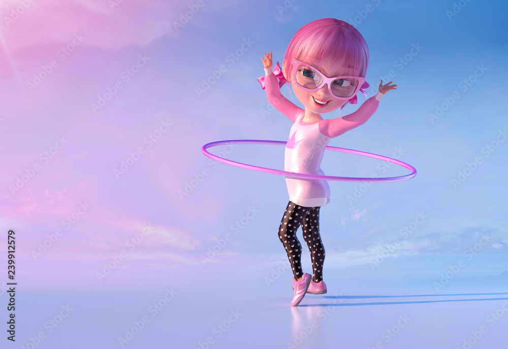 Cute cheerful smiling cartoon girl rotates hula hoop. Funny cartoon kid ...