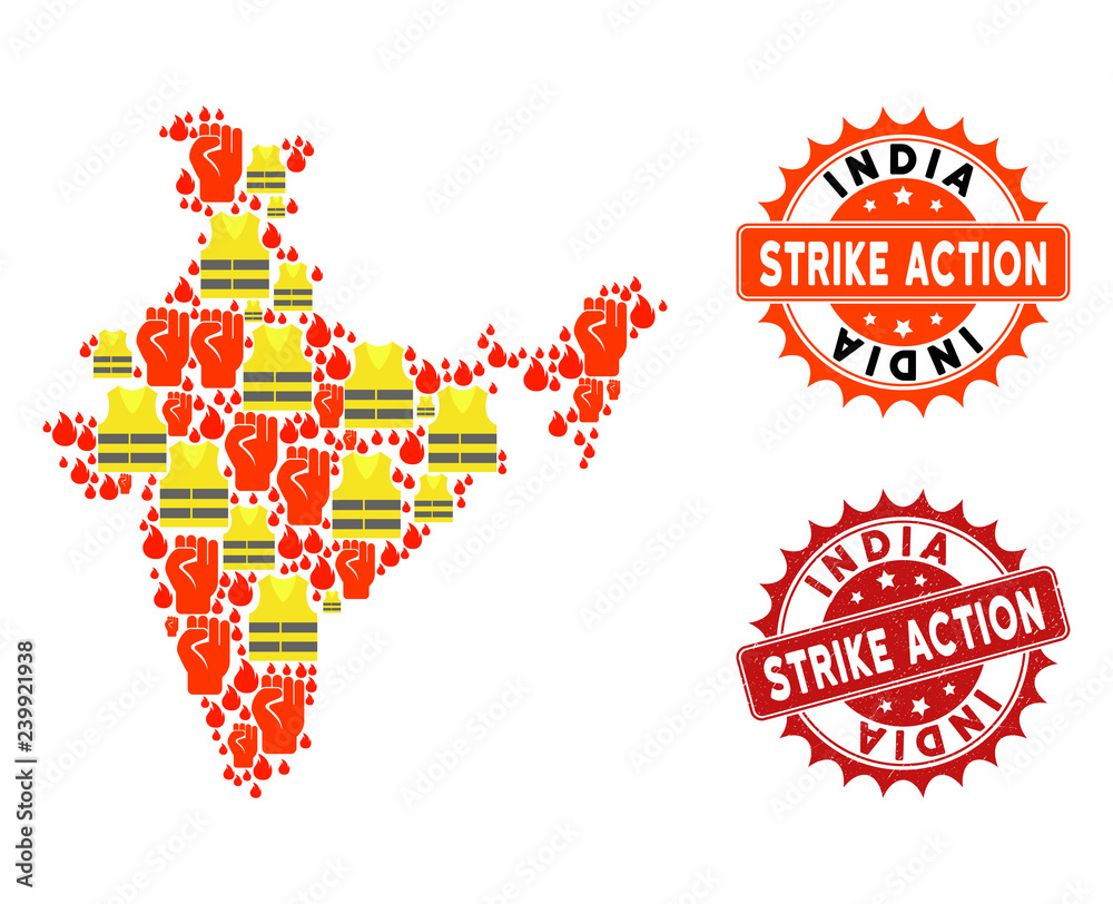 Strike action collage of revolting map of India, grunge and clean seals ...