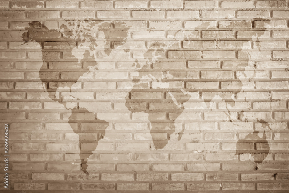 World map vintage pattern for Black and white brick wall texture ...