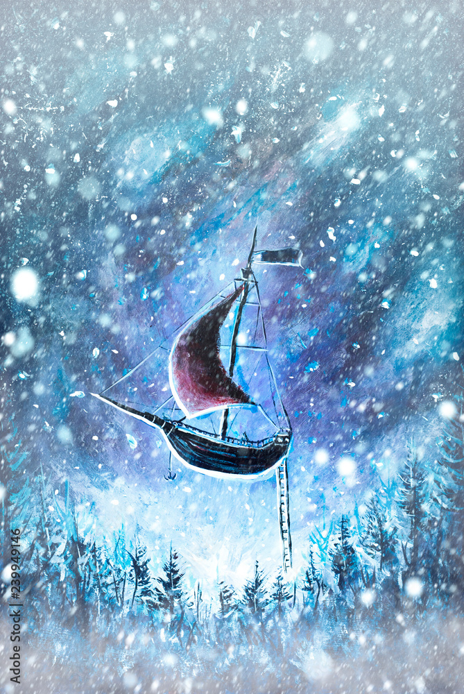 Winter snow background. Blurred snowflakes on Original oil painting ...