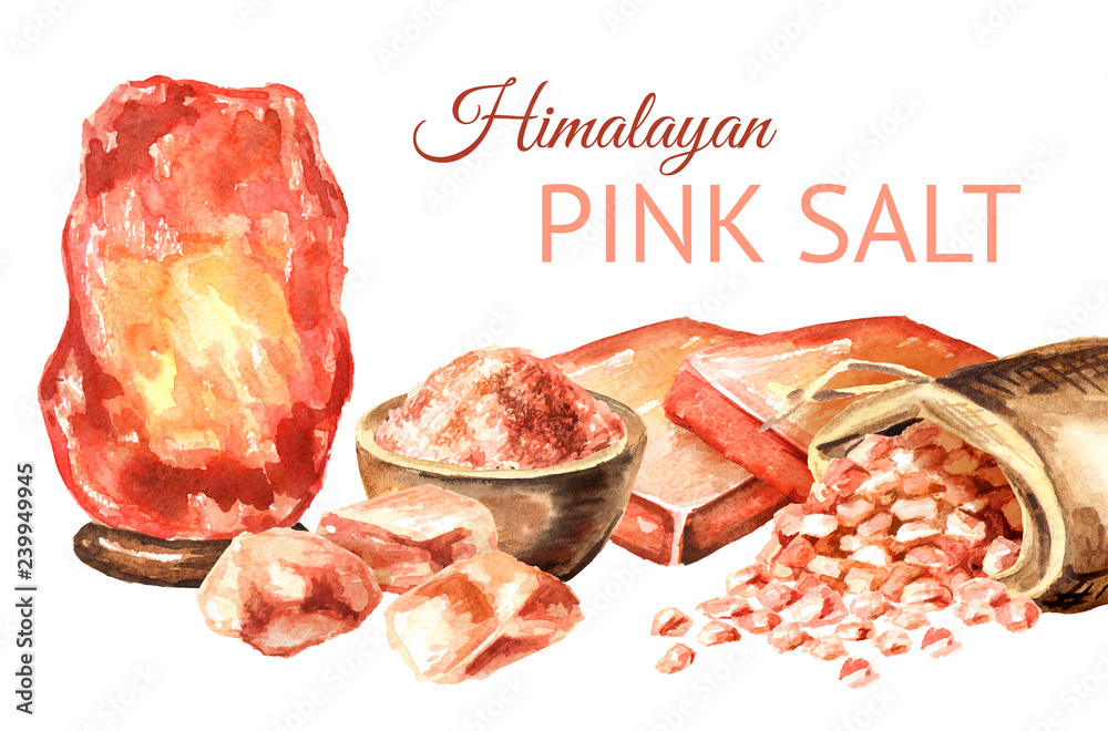 Himalayan pink salt card. Watercolor hand drawn illustration, isolated ...