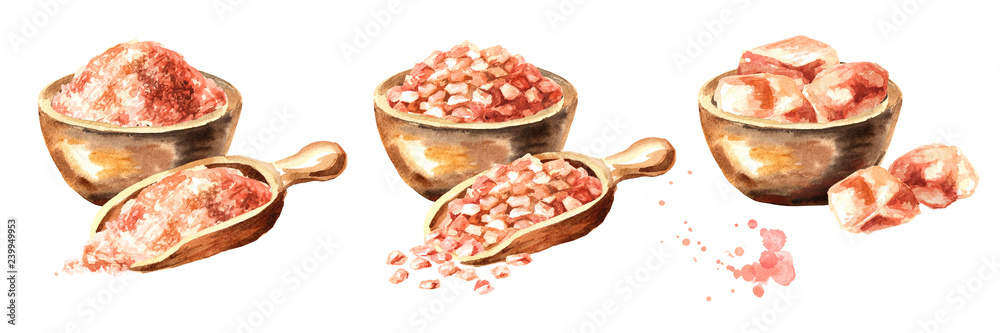 Himalayan pink salt set Watercolor hand drawn illustration isolated on ...