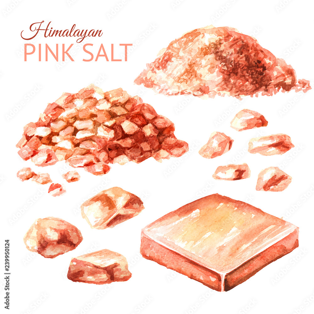 Himalayan pink salt set. Watercolor hand drawn illustration, isolated ...
