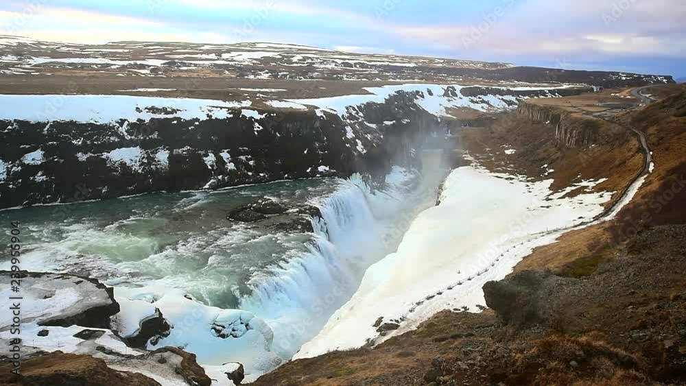 Gullfoss waterfall view and winter Landscape picture in the winter ...