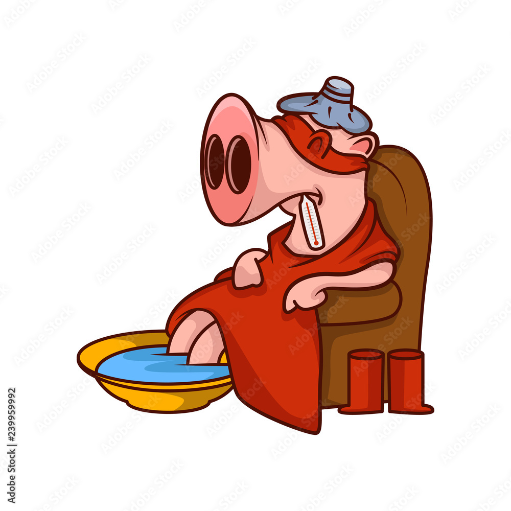 Sick pig sitting in armchair wrapped in his superhero mantle. Humanized ...