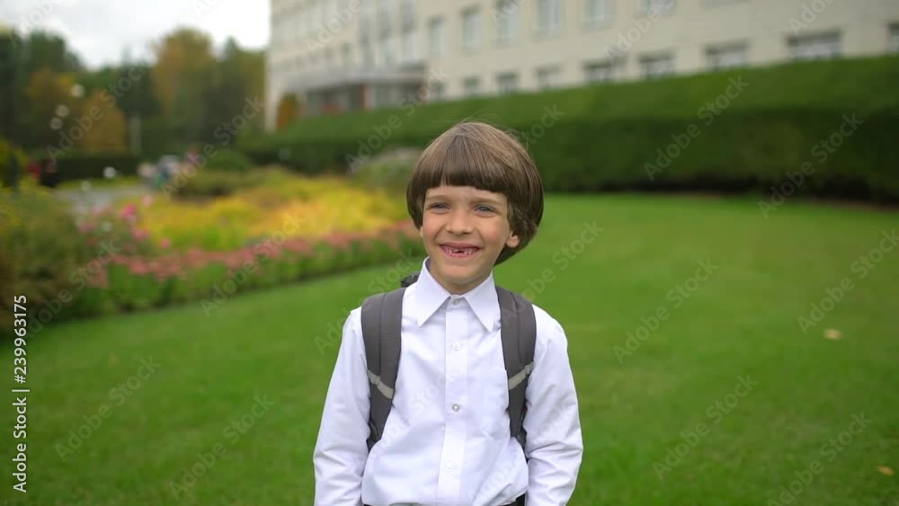 Vidéo Stock Portrait of smiling happy cute boy schoolboy with backpack ...