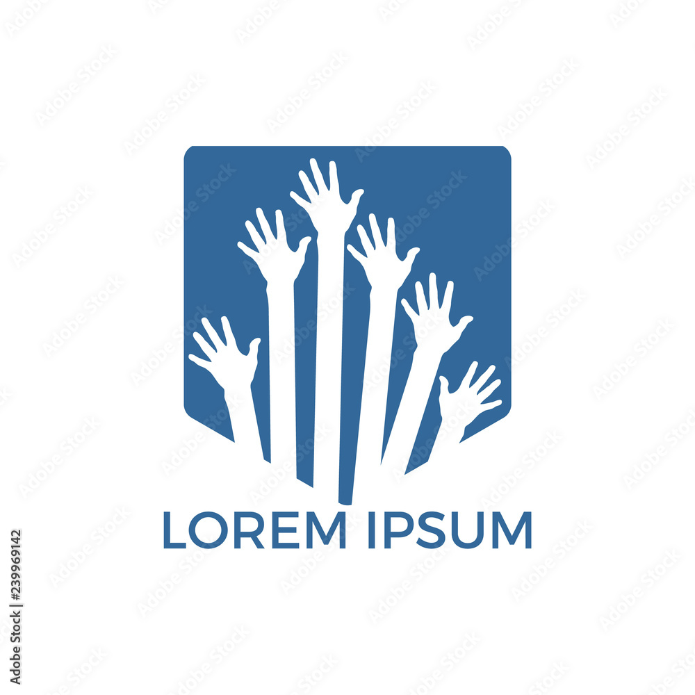 Hand help care logo and symbol vector. Diversity people group raising ...
