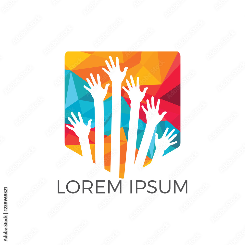 Hand help care logo and symbol vector. Diversity people group raising ...