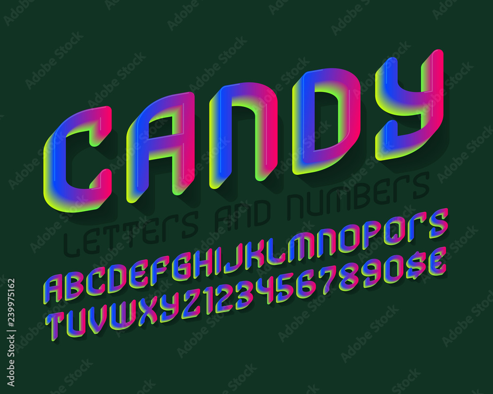 Candy letters with numbers, dollar and euro signs. Vibrant festive font ...