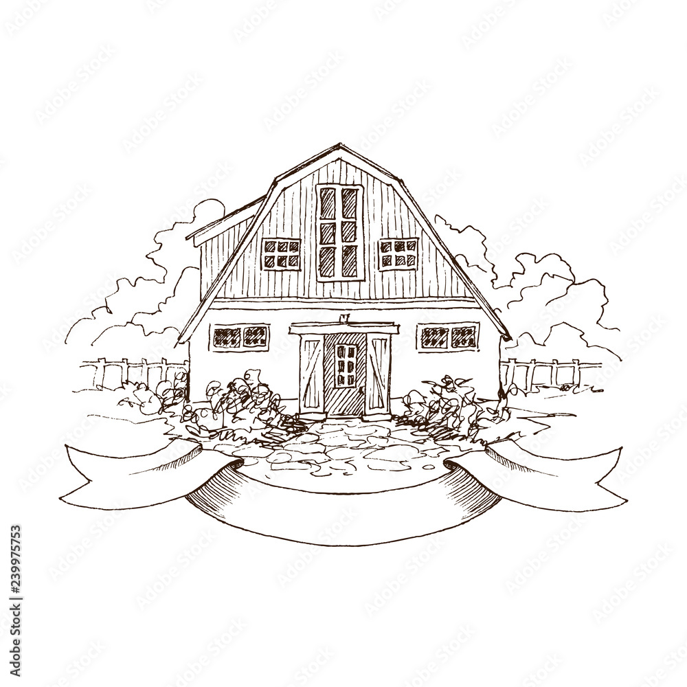 Rural landscape with old farmhouse and garden. Hand drawn illustration ...