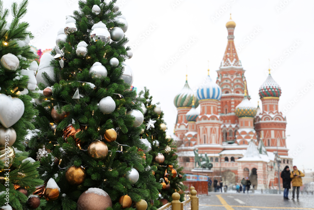 Christmas trees on Red Square in Moscow, New Year celebration in Russia ...