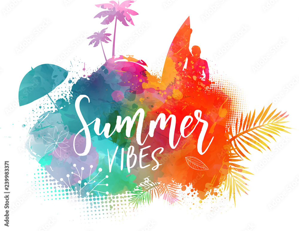 Summer watercolored background with "Summer vibes" handwritten text ...