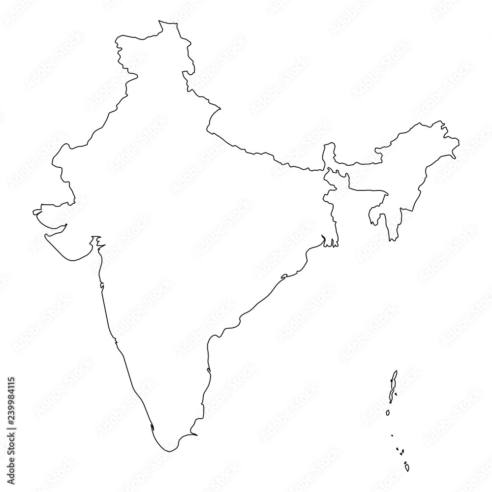 India - solid black outline border map of country area. Simple flat ...